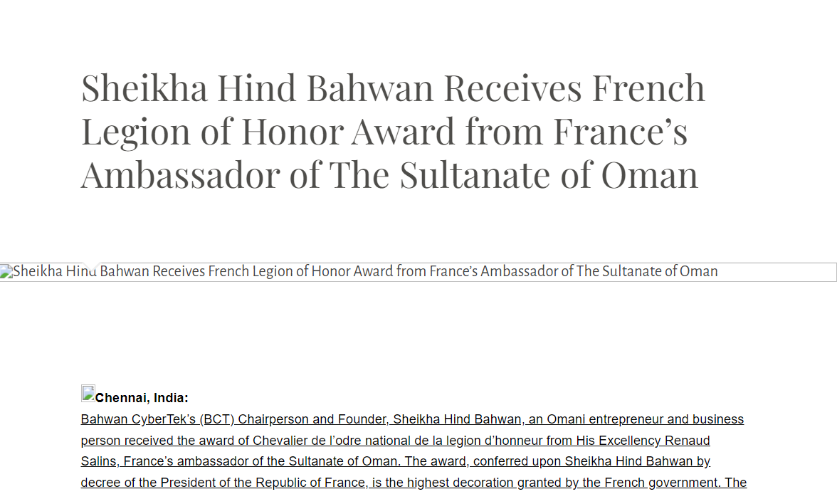 Sheikha Hind Bahwan: French Legion of Honor | BCT Digital