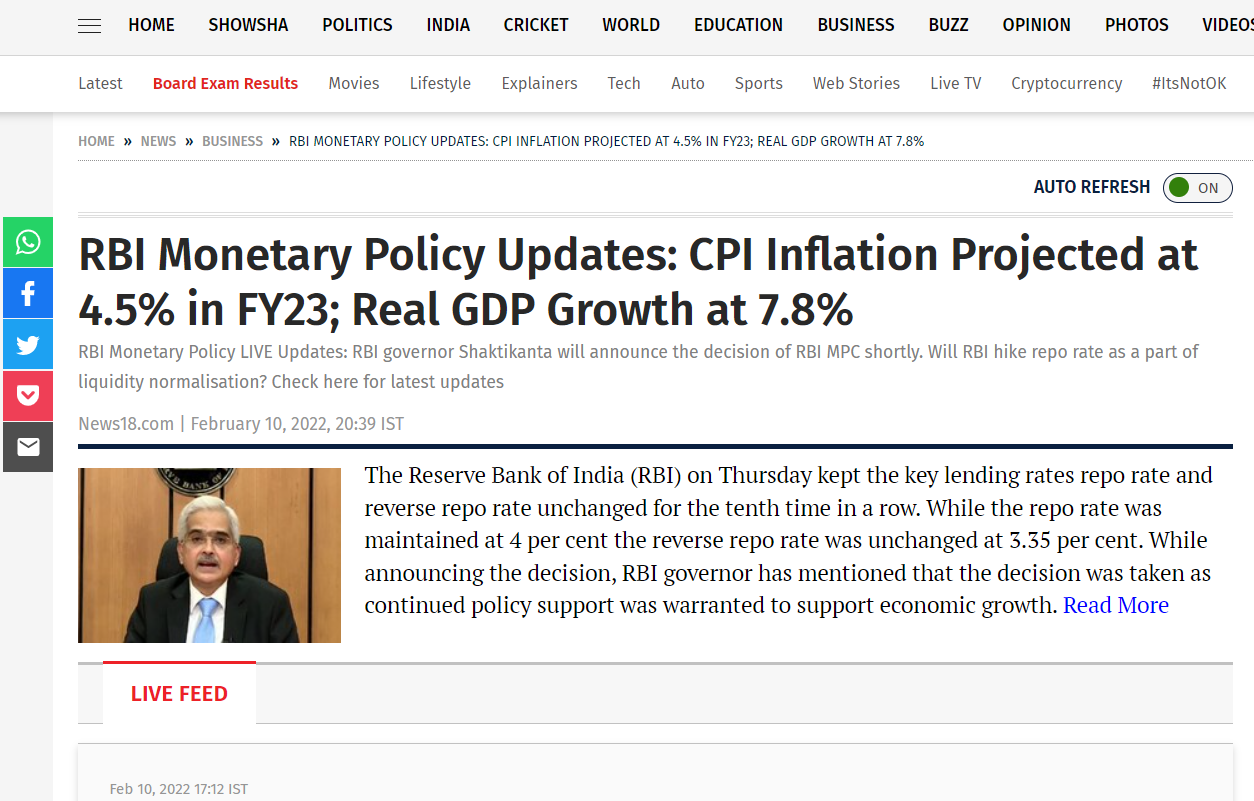 RBI Policy Updates: CPI Inflation Projected at 4.5% in FY23