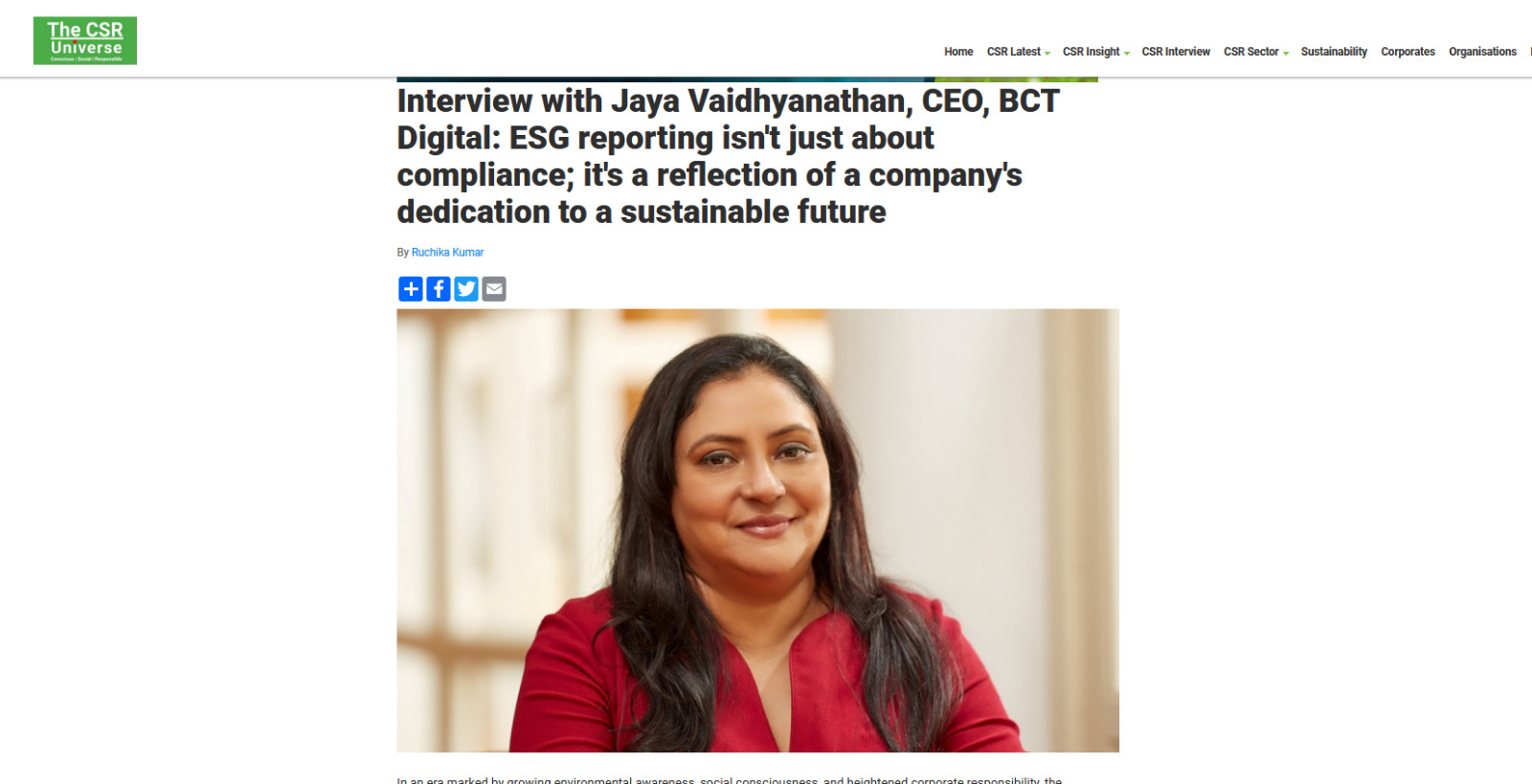 Interview with Ms. Jaya Vaidhyanathan, CEO, BCT Digital: ESG reporting isn't just about ...