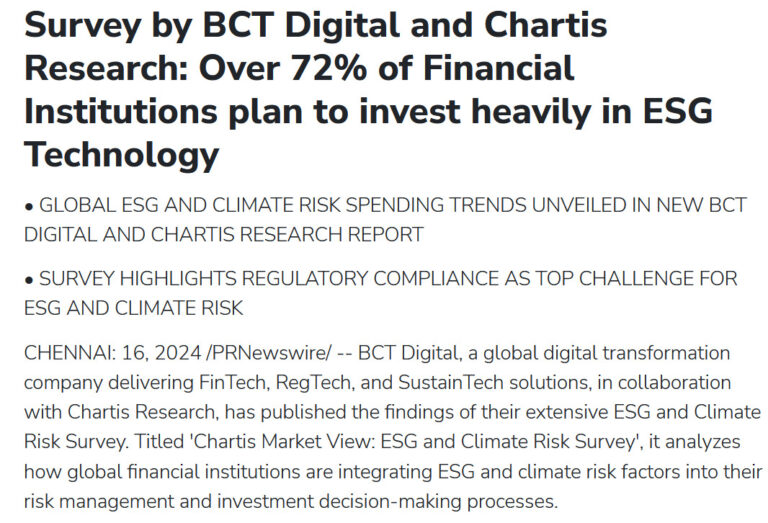 Survey by BCT Digital and Chartis Research Over 72% of Financial Institutions plan to invest ...