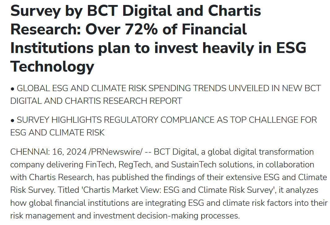 Survey by BCT Digital and Chartis Research Over 72% of Financial Institutions plan to invest ...